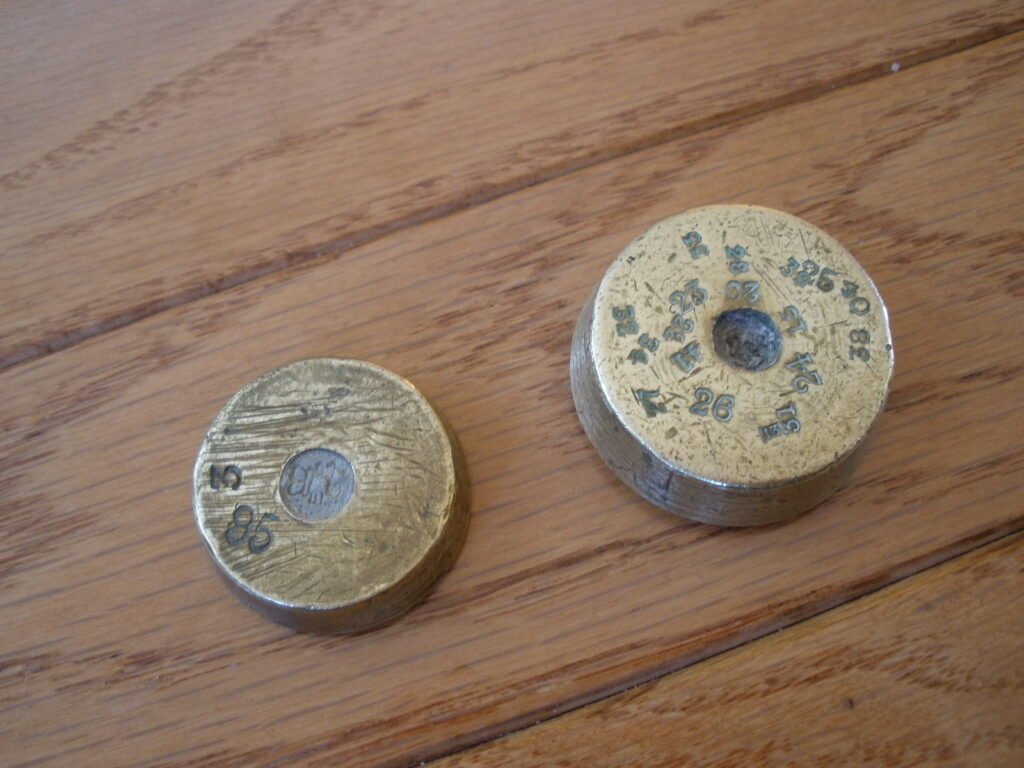 Pair of BRASS CRANE SCALE PANCAKE WEIGHTS – One with Crown Markings ...